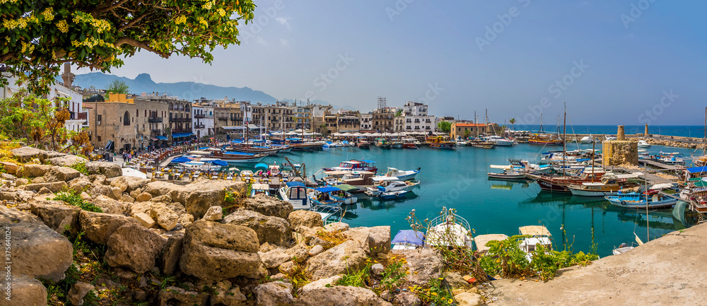 A panorama of Kyrenia harbour, Cyprus taken from the ramparts of the ...
