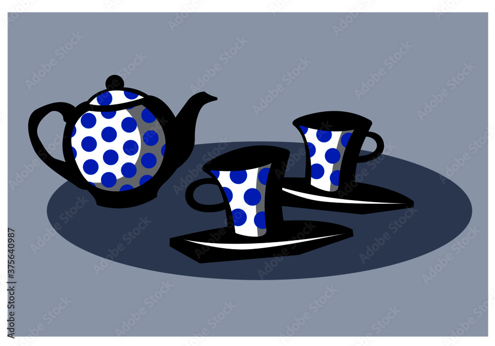 Tea-set. Teapot and two cups. Vector drawing for illustrations. Stock ...