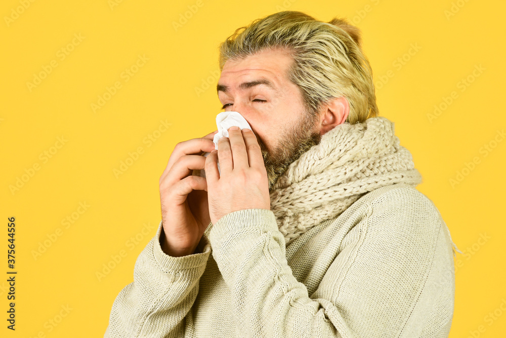 Foto de Immune response. Bearded man sick. Cold flu. First symptom ...