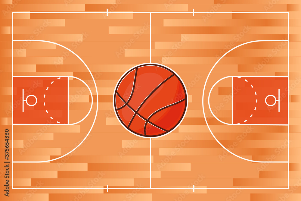 Realistic basketball court and ball, with line on wood texture ...
