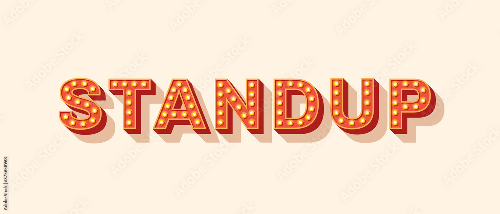 Stand up comedy show vector lettering, red typography with light bulbs ...