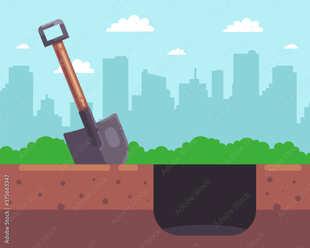 dig a deep hole with a wooden shovel on the background of the city ...