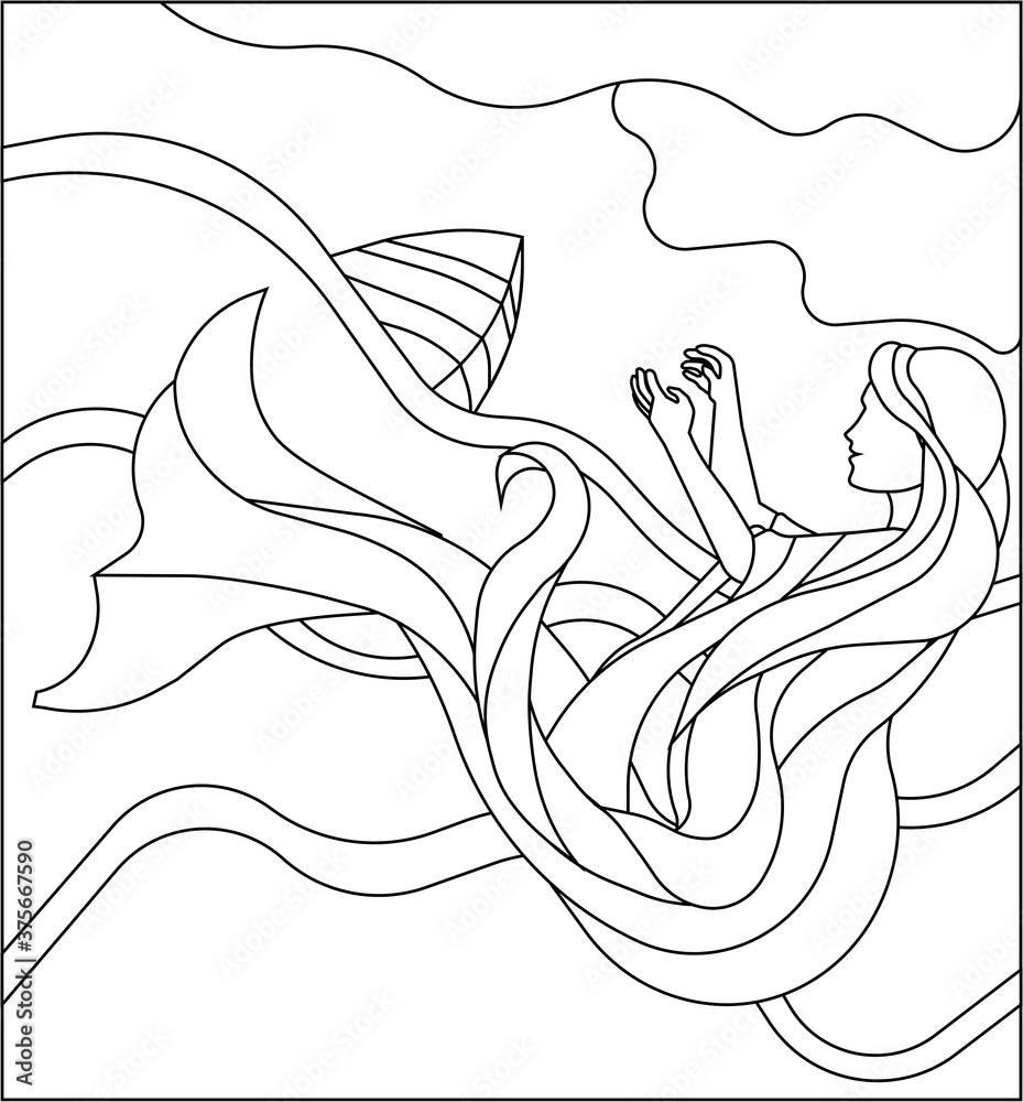 Beautiful mermaid in waves, coloring page, black outline on white ...