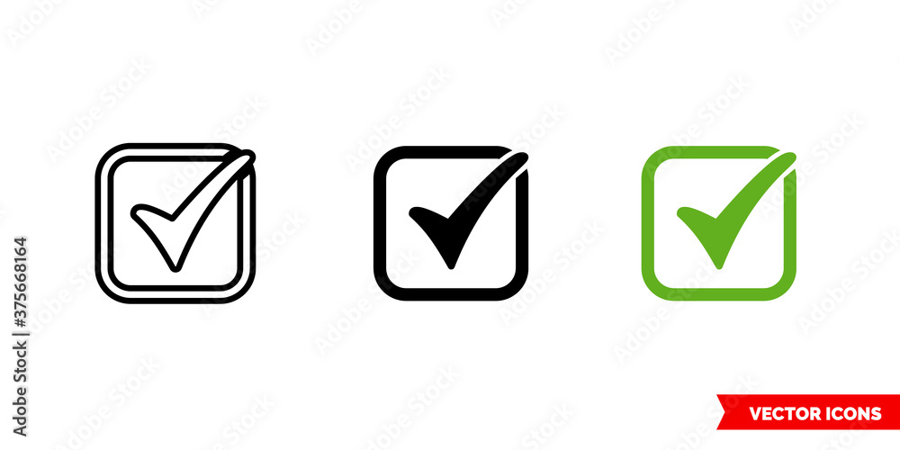 Tick symbol icon of 3 types color, black and white, outline. Isolated ...