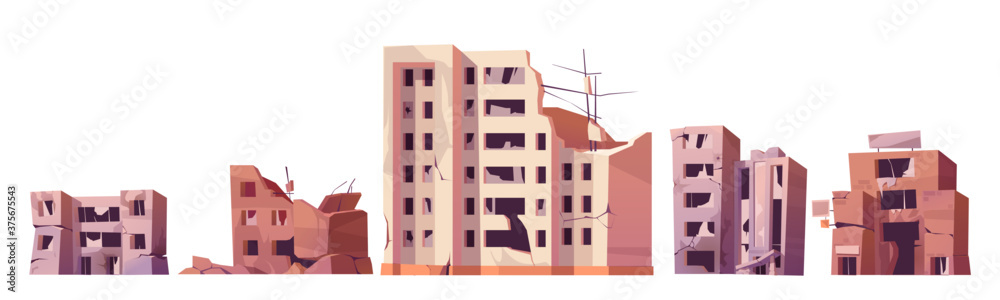 Vettoriale Stock Destroyed city buildings after war or earthquake. Vector cartoon set of ...