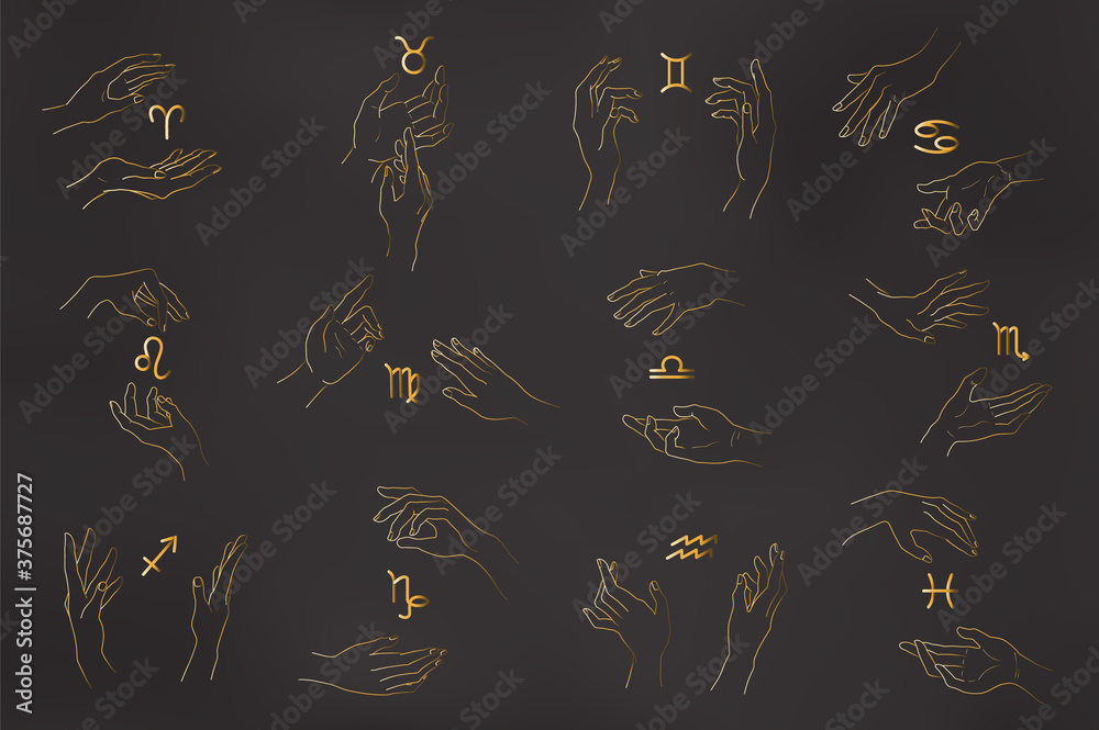 Set of magic hands with zodiac glyphs in outline style. Collection of ...