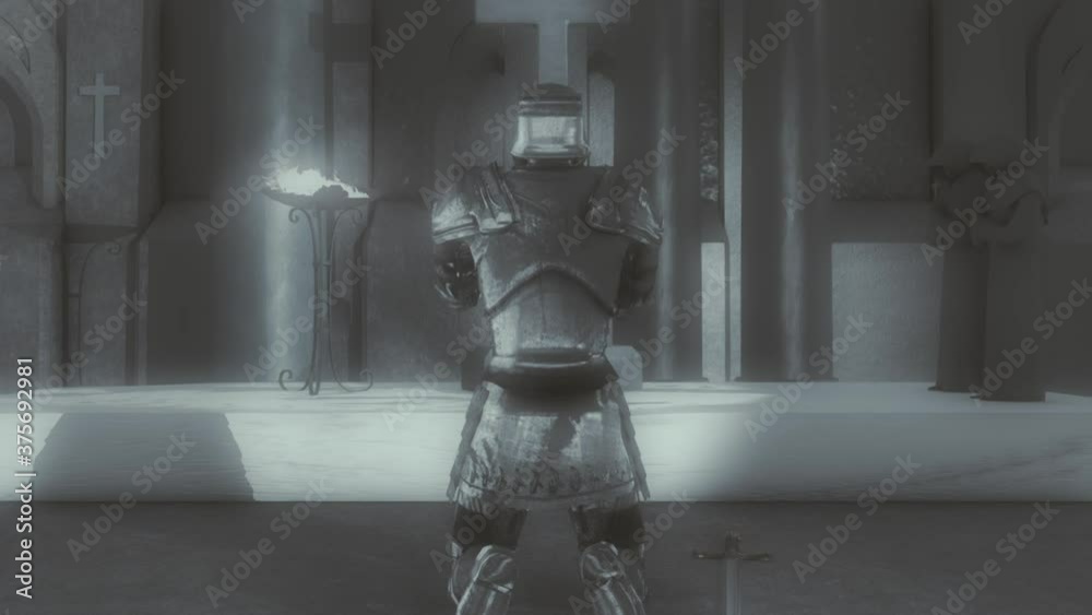 Medieval Paladin Knight on His Knees Praying Inside a Church or a ...