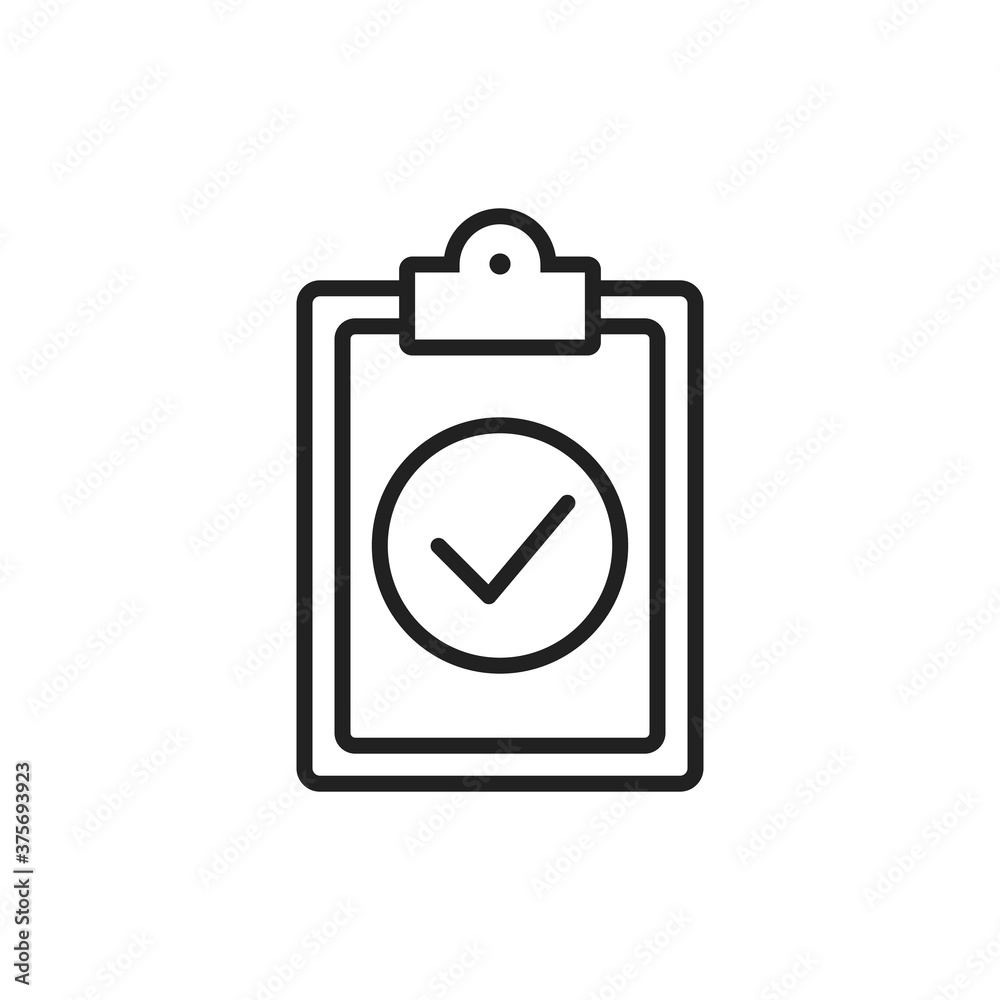 Thin line clipboard icon with outline check mark on it. Agenda priority ...