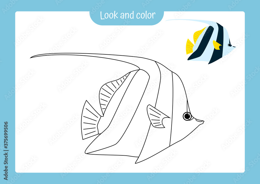 Look and color. Coloring page outline of a tropical fish with colored ...