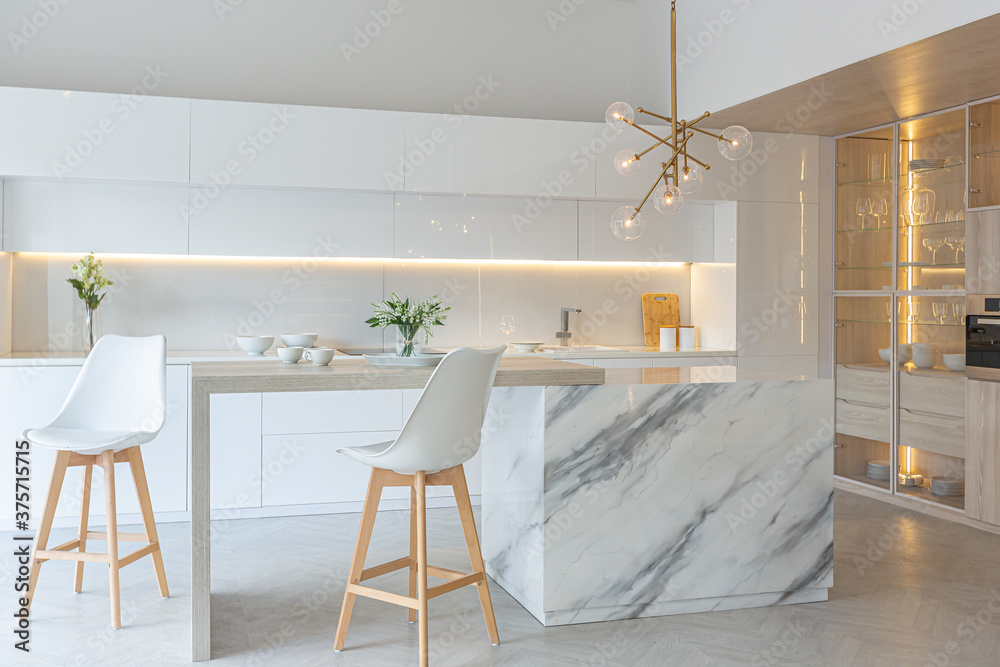 luxury interior design of modern trendy snow white kitchen in ...