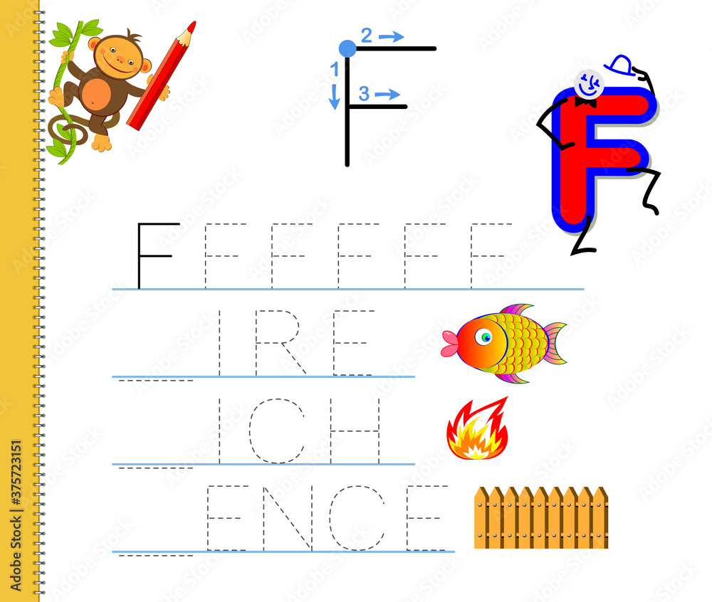 Learn to trace letter F. Study English words. Worksheet for children ...