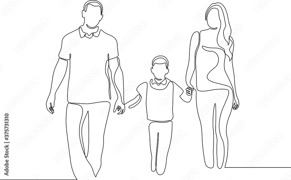Continuous one line drawing of happy family ,father,mother,and kid.one ...