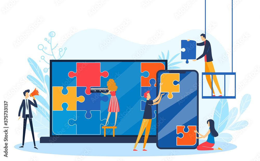 People connect design puzzle vector illustration. Cartoon flat man ...