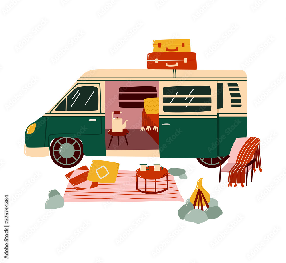 Vans trailers for summer travel, tourist camp, modern transport ...