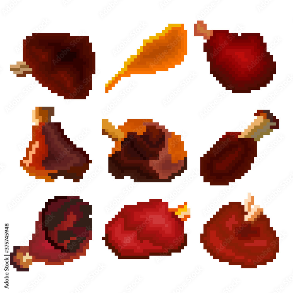 A set of nine food items made up of pixels. Roast pork leg, more beef ...