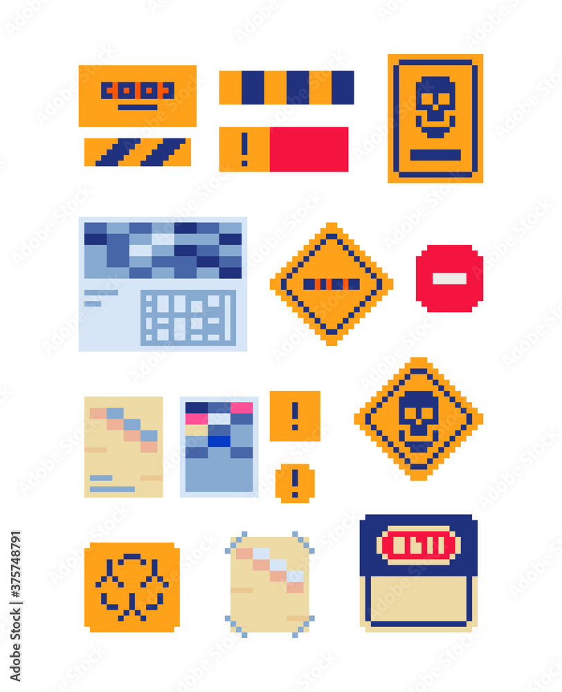 Vetor do Stock: Danger Toxic Chemicals symbol pixel art icons set ...