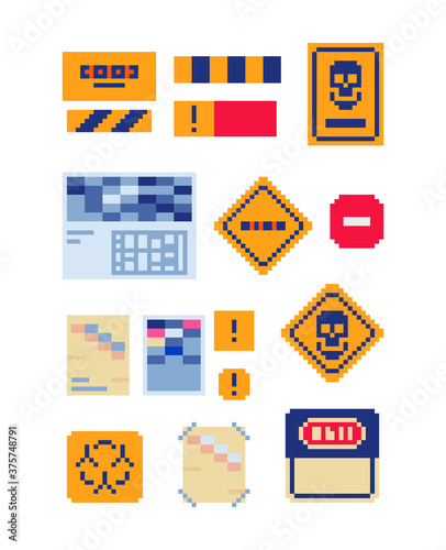 Danger Toxic Chemicals symbol pixel art icons set. Attention is ...