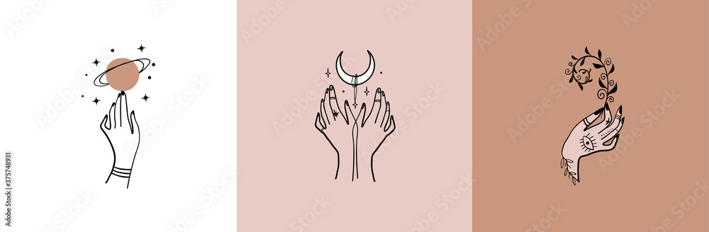 Set of logos of female hands, linear drawing. Vector design templates ...