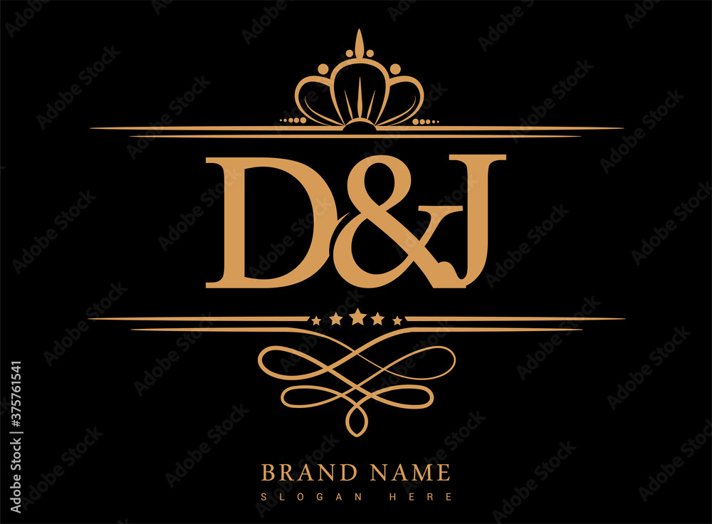 DJ Initial logo, Ampersand initial logo gold with crown and classic ...