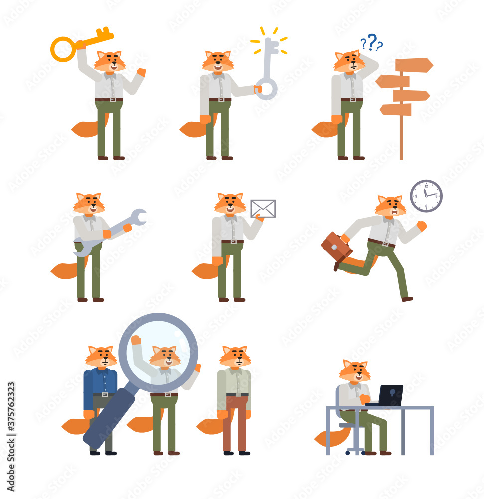 Set of red fox characters showing various actions. Cheerful fox holding ...