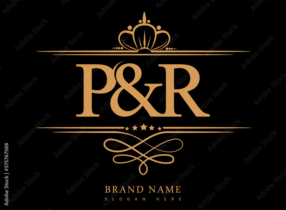 PR Initial logo, Ampersand initial logo gold with crown and classic ...