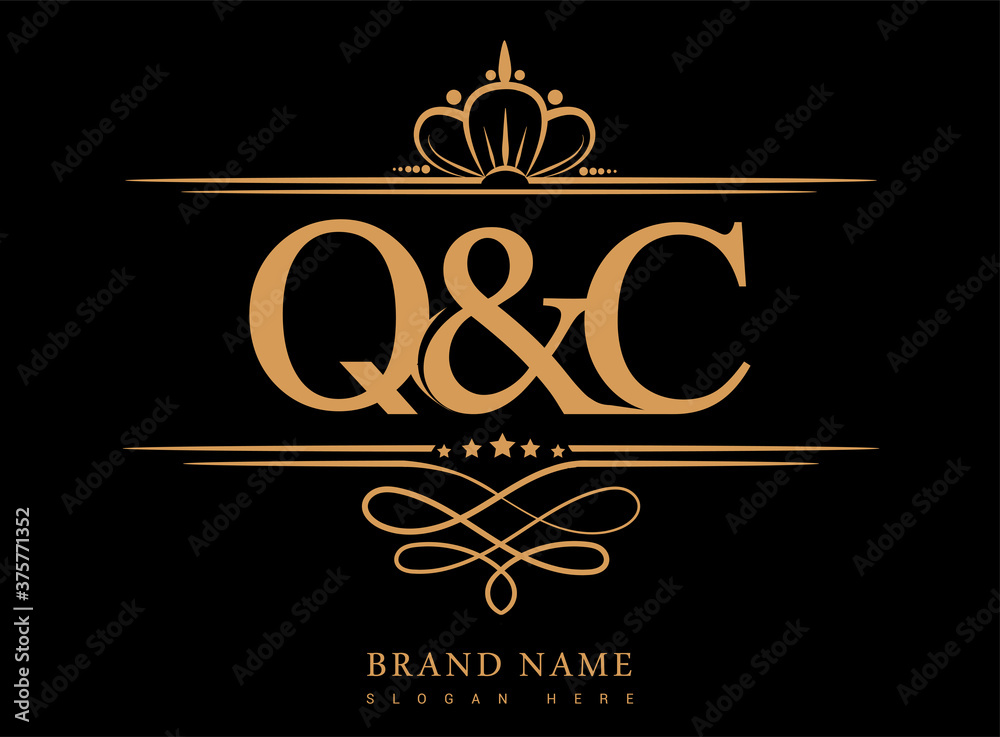 QC Initial logo, Ampersand initial logo gold with crown and classic ...