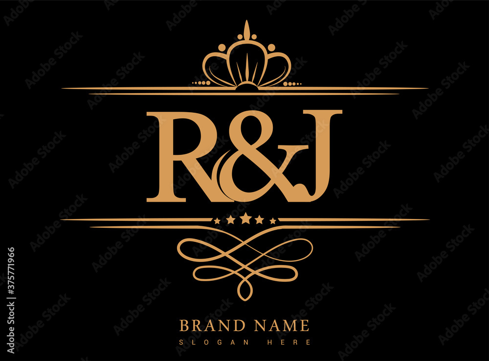 RJ Initial logo, Ampersand initial logo gold with crown and classic ...