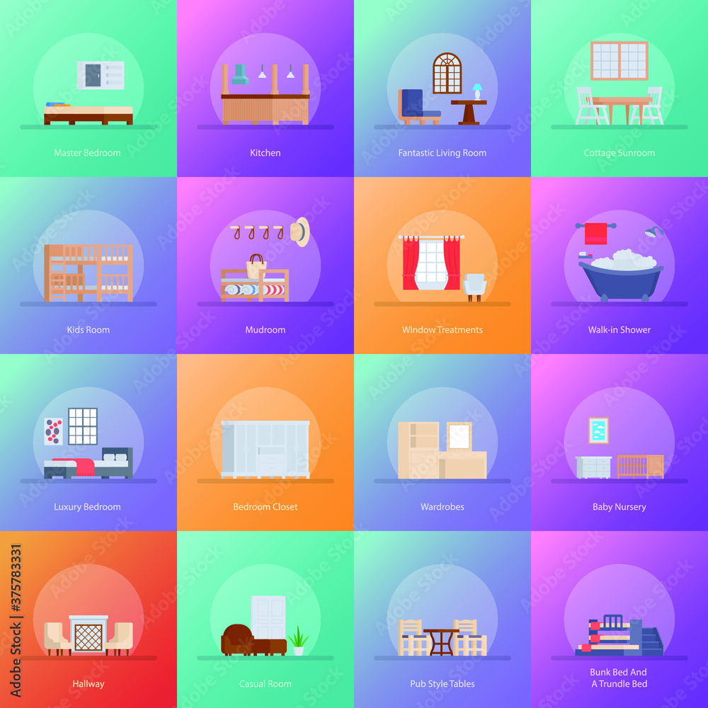 Bundle Of Interior Design Room Types Icons Stock Vector | Adobe Stock