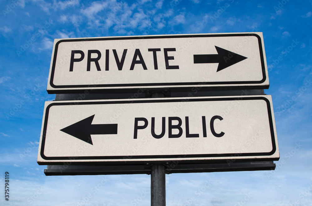 Private vs public. White two street signs with arrow on metal pole with ...