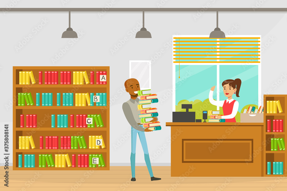 Man Carrying Stack of Books, Librarian Assisting him at Service Desk ...