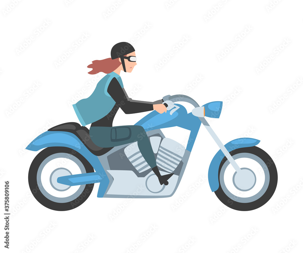 Young Woman Riding Motorcycle, Side View of Girl Biker Character in ...