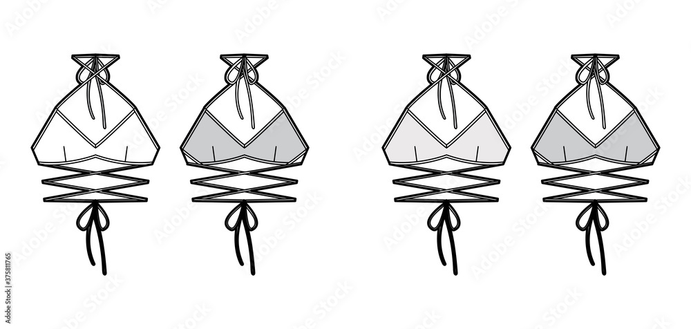 Bralette top technical fashion illustration with slender ties wrapped ...