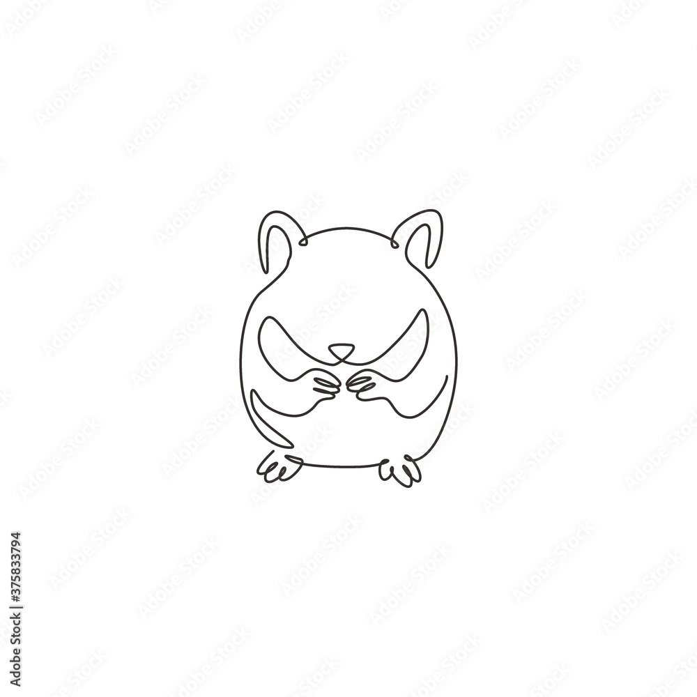 One single line drawing of cute hamster eating seeds for domestic logo ...