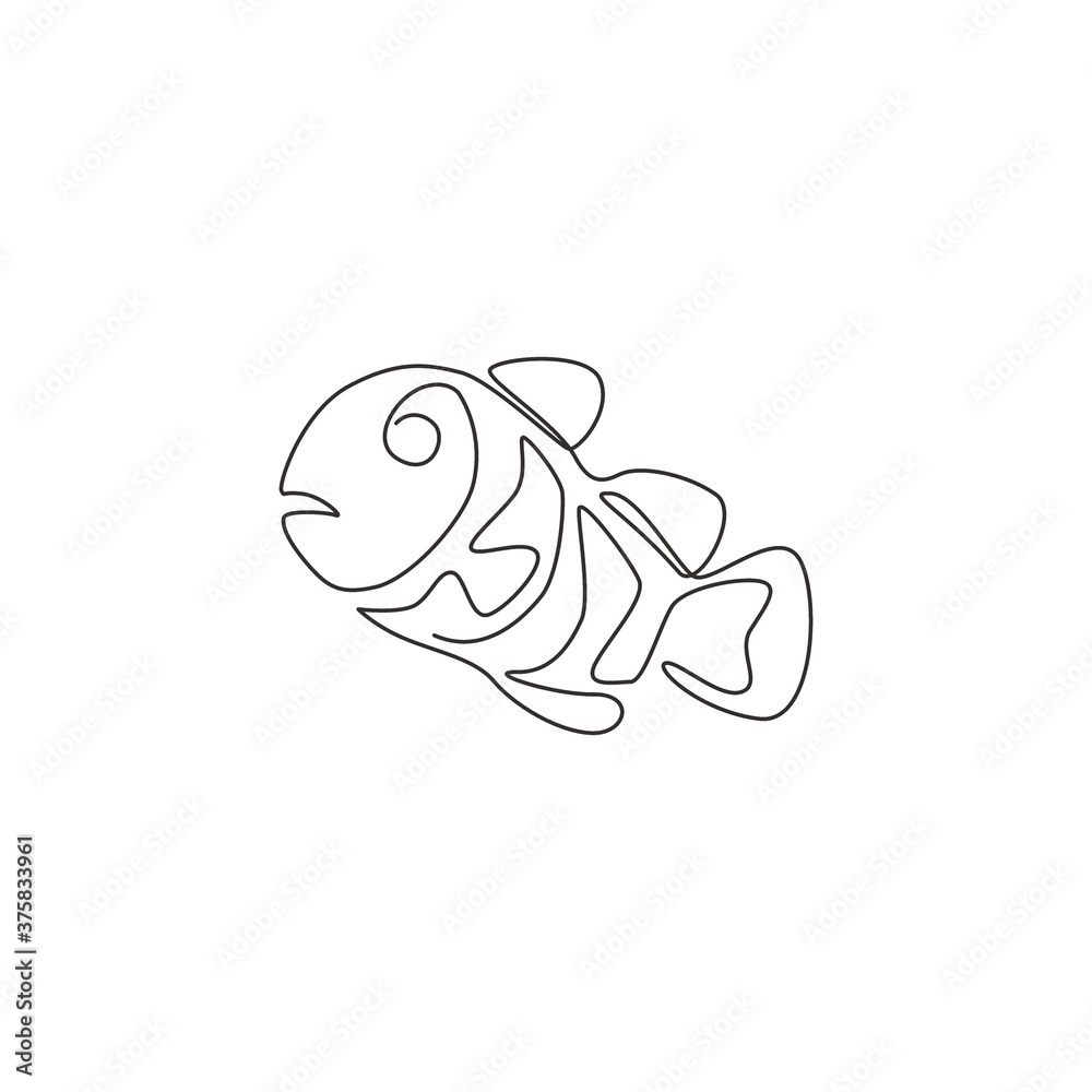 One single line drawing of cute clownfish for aquatic logo identity ...