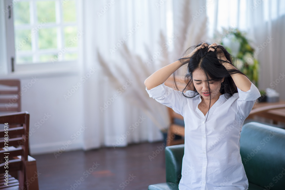 Overworked stressed asian business woman employee holding glasses ...
