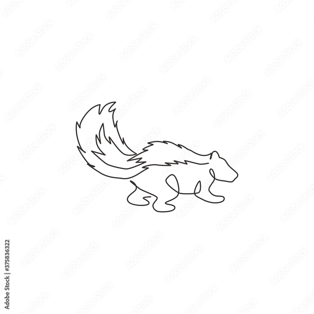 One single line drawing of adorable striped skunk for company logo ...