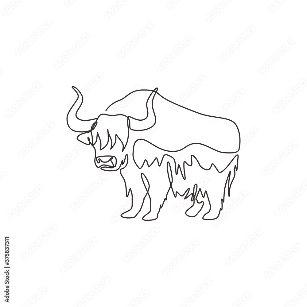 Single continuous line drawing of gallant yak for logo identity. Long ...
