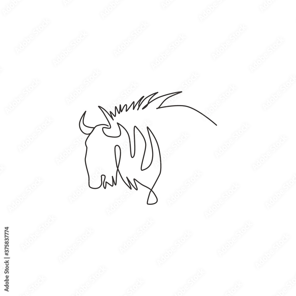 One continuous line drawing of stout wildebeest head for company logo ...