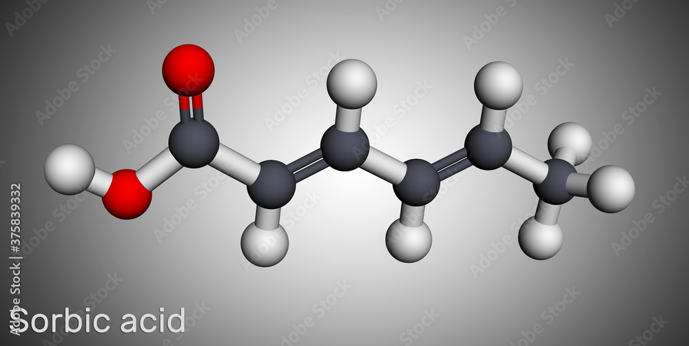 Sorbic acid, 2,4-hexadienoic acid, E200 molecule. It is hexadienoic and ...