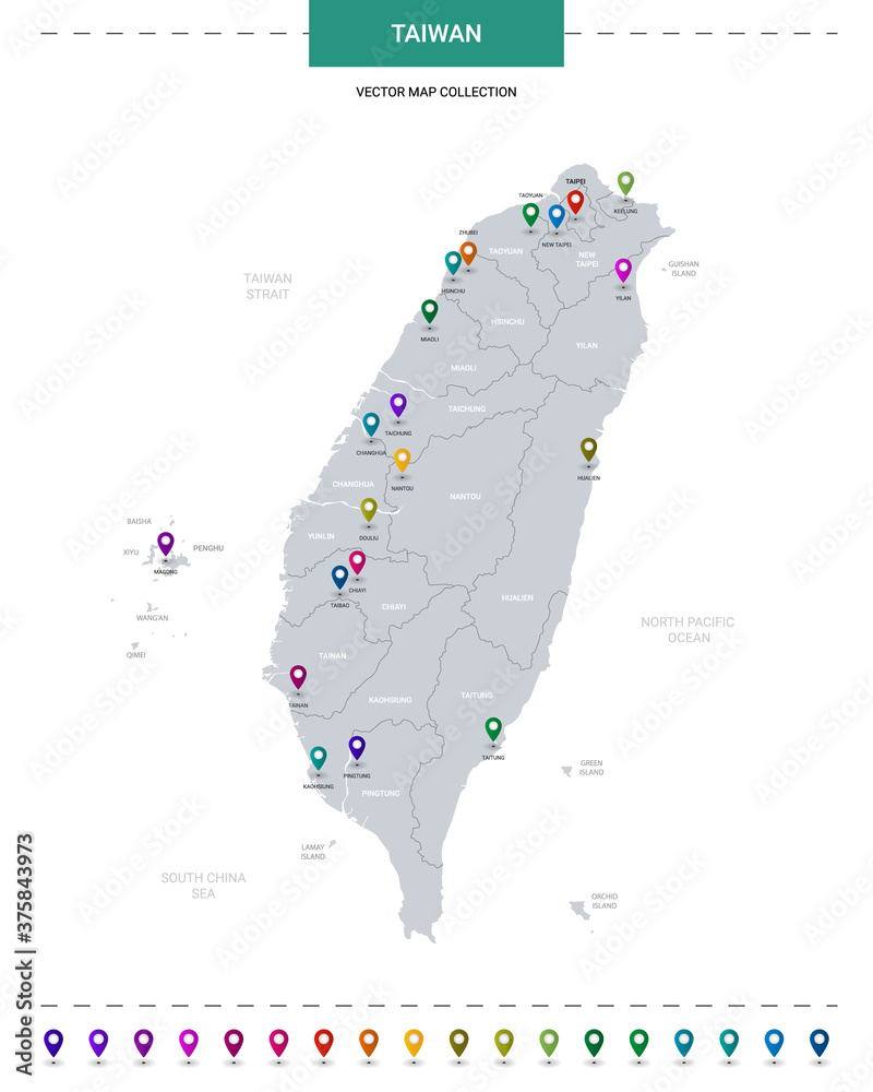 Taiwan map with location pointer marks. Infographic vector template ...