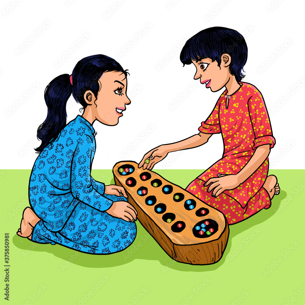 Kid girls playing Congkak, the Asian Traditional Games Stock Vector ...