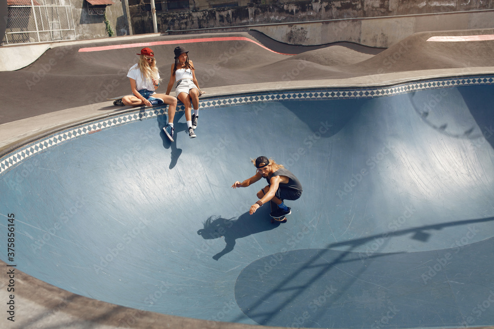 Subculture. Skater Friends At Skatepark. Group Of Hipsters In Casual ...