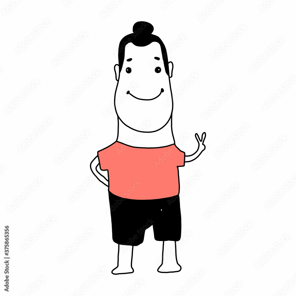 Asian Man cute cartoon character in red t-shirt and shorts.Isolated on ...