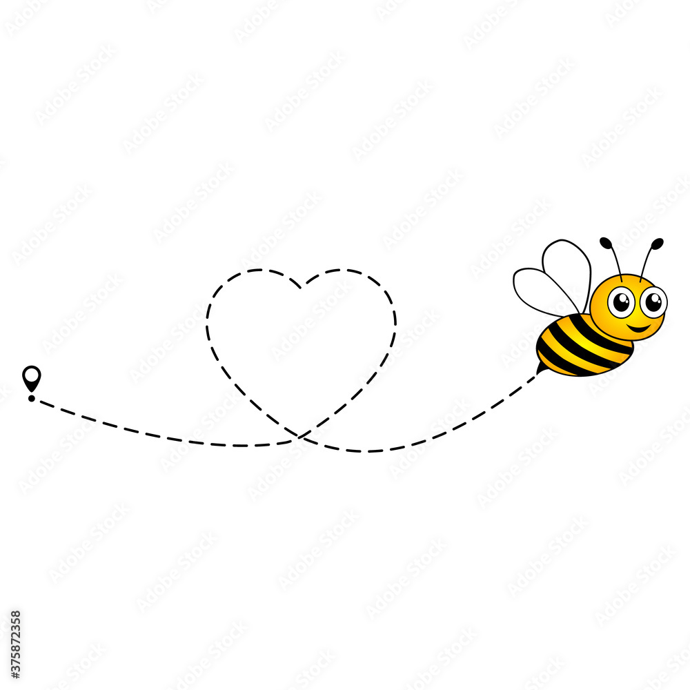 Cute bee flying icon. Heart dotted lines path with start point and dash ...