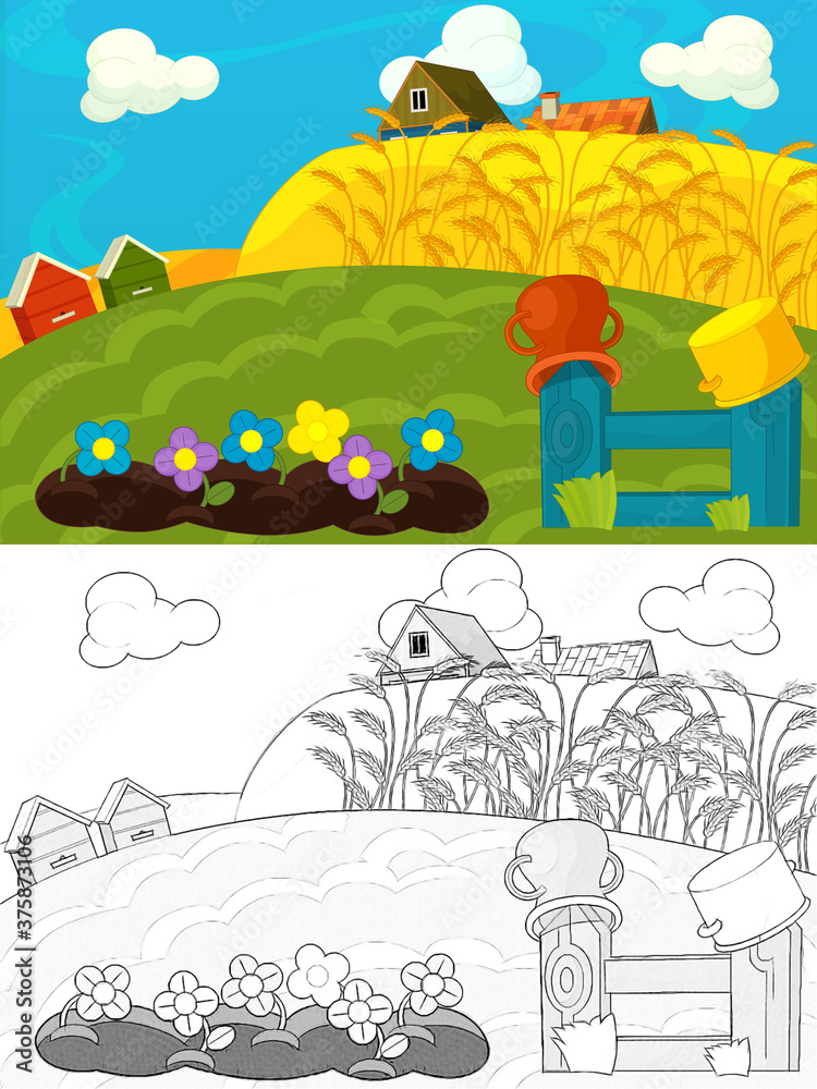 cartoon ranch farm scene with sketch illustration Stock Illustration ...