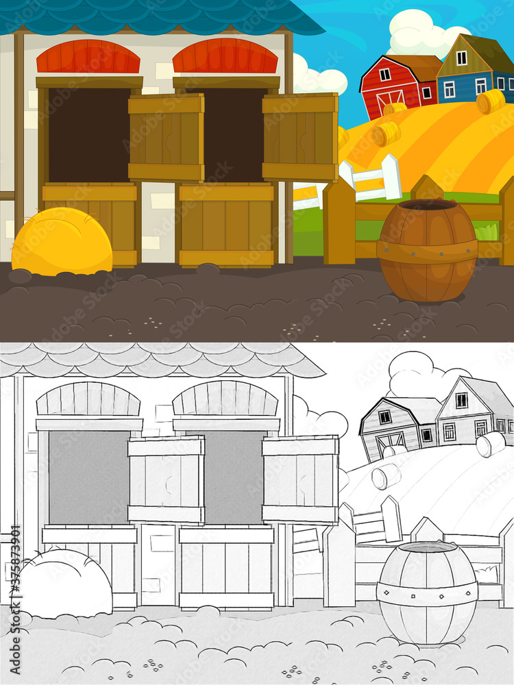 cartoon ranch farm scene with sketch illustration Stock Illustration ...