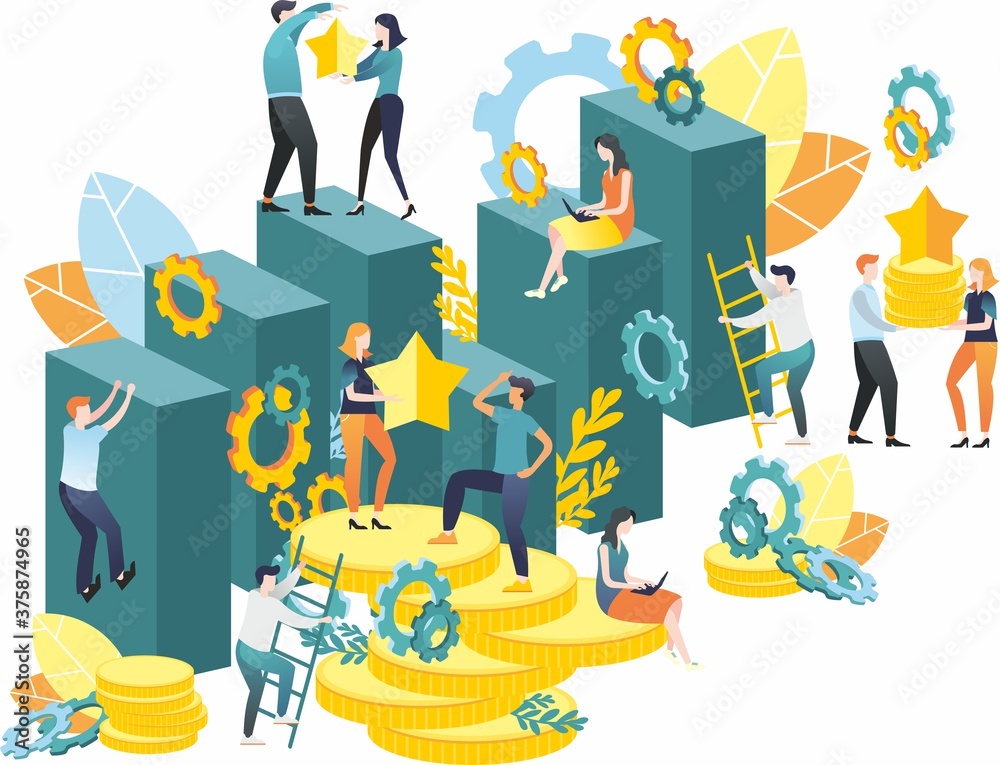 Bitmap illustration in a flat style. Teamwork. Conquering the peaks ...