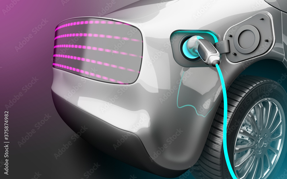 The power cable with electrical socket is connected to the electric car ...
