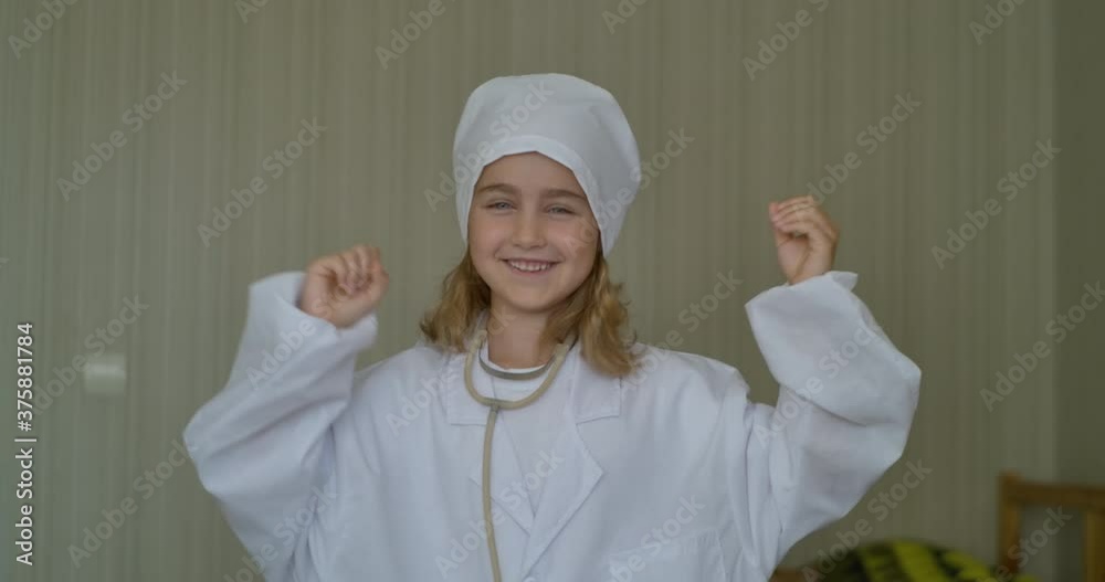 Cute Little Kid Girl Wear Medical Uniform Dancing Medical Staff at Home ...