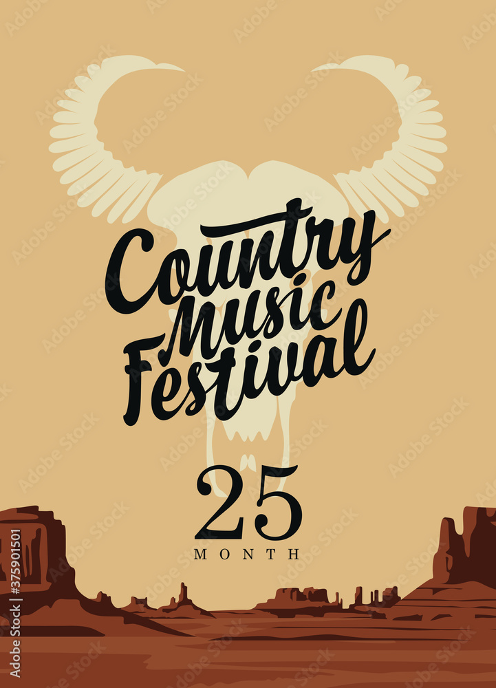 Vetor de Poster for a country music festival with a skull of bull and ...